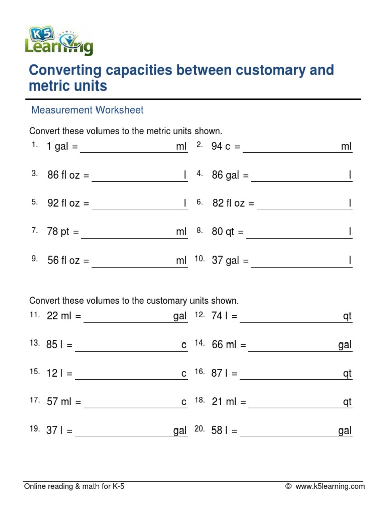 Grade 5 Converting Capacities Customary Metric A | PDF | Cooking, Food ...