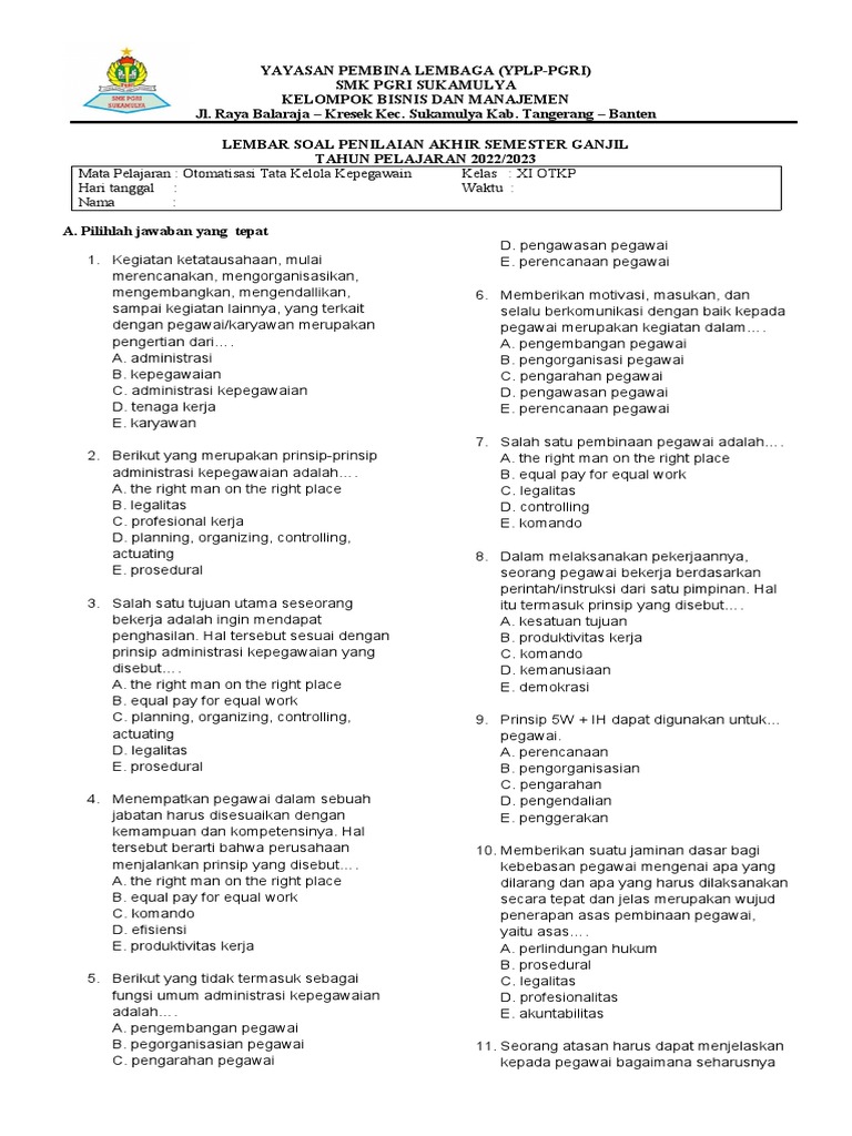 Soal Otk Kepegawaian Kelas 11 Pas Ganjil | PDF