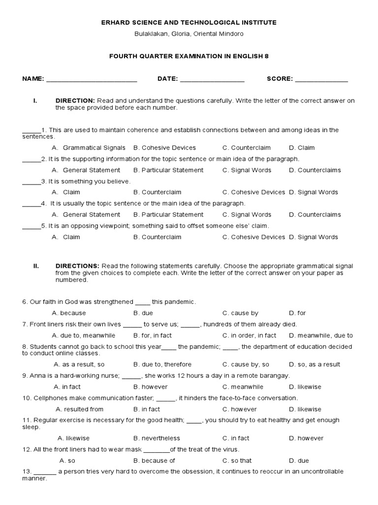 English 8 - 4th Quarter Exam | PDF