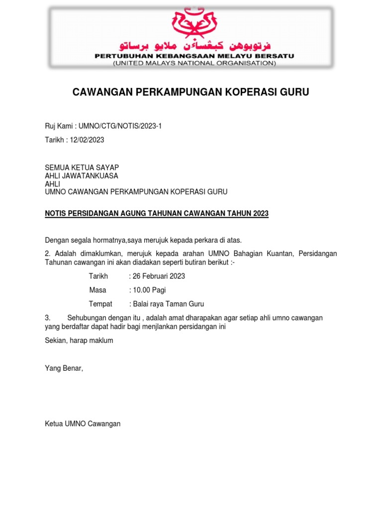 Contoh Notis Mesyuarat Umno Cawangan 2023 | PDF