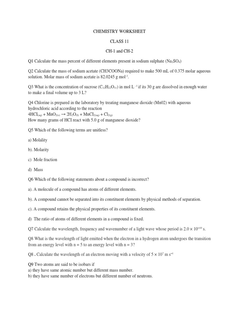Class 11 Chemistry Worksheet Solutions | PDF | Electron | Atoms