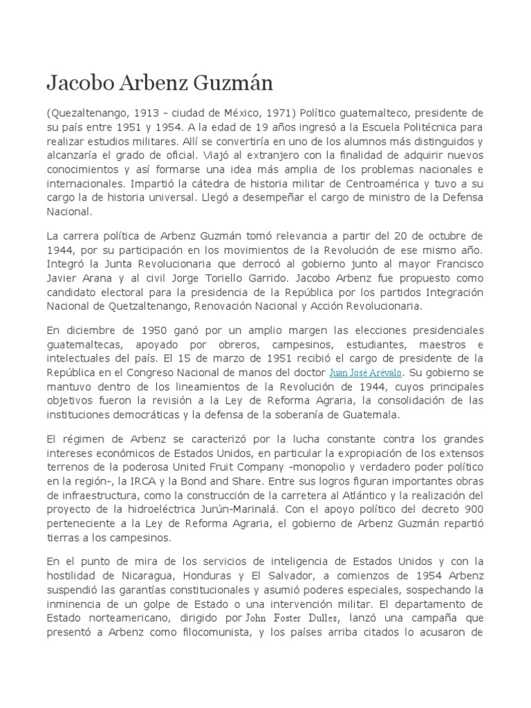 Biografia de Jacobo Arbenz Guzmán | PDF | Guatemala | Gobierno Biografia de Jacobo Arbenz Guzmán | PDF | Guatemala | Gobierno