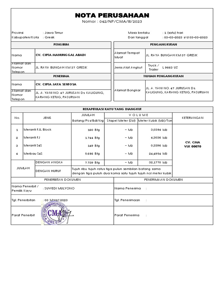 Nota Perusahaan: Nomor: 042/NP/CMA/III/2023 | PDF