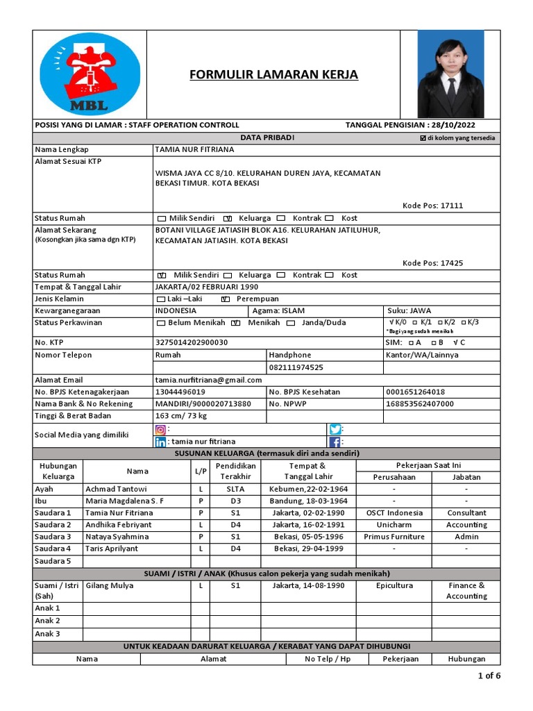 Form Lamaran MBL New. R1 | PDF