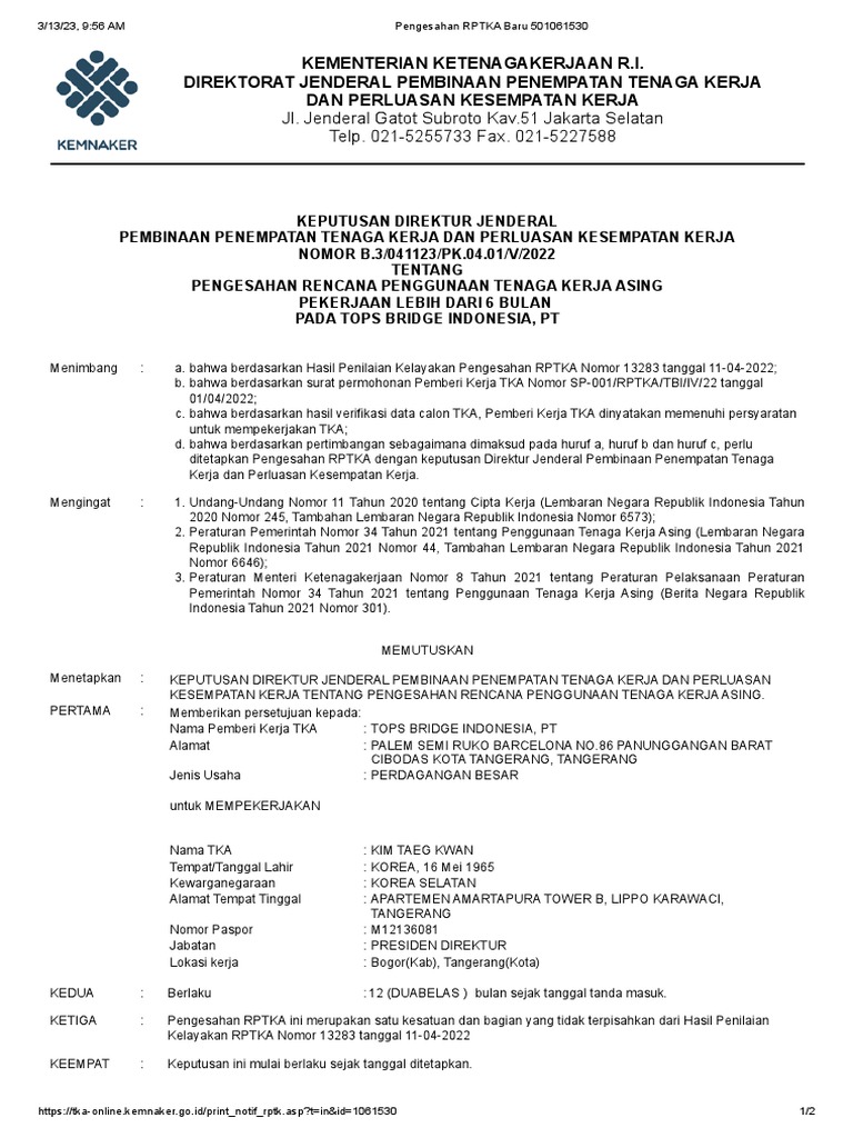 Pengesahan RPTKA Baru 501061530 | PDF