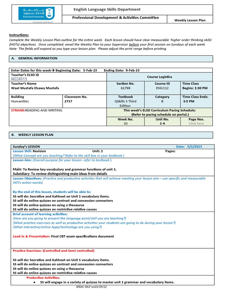 Week 10 Lesson Plan RW ENGL 112 | PDF | Lesson Plan | Quiz