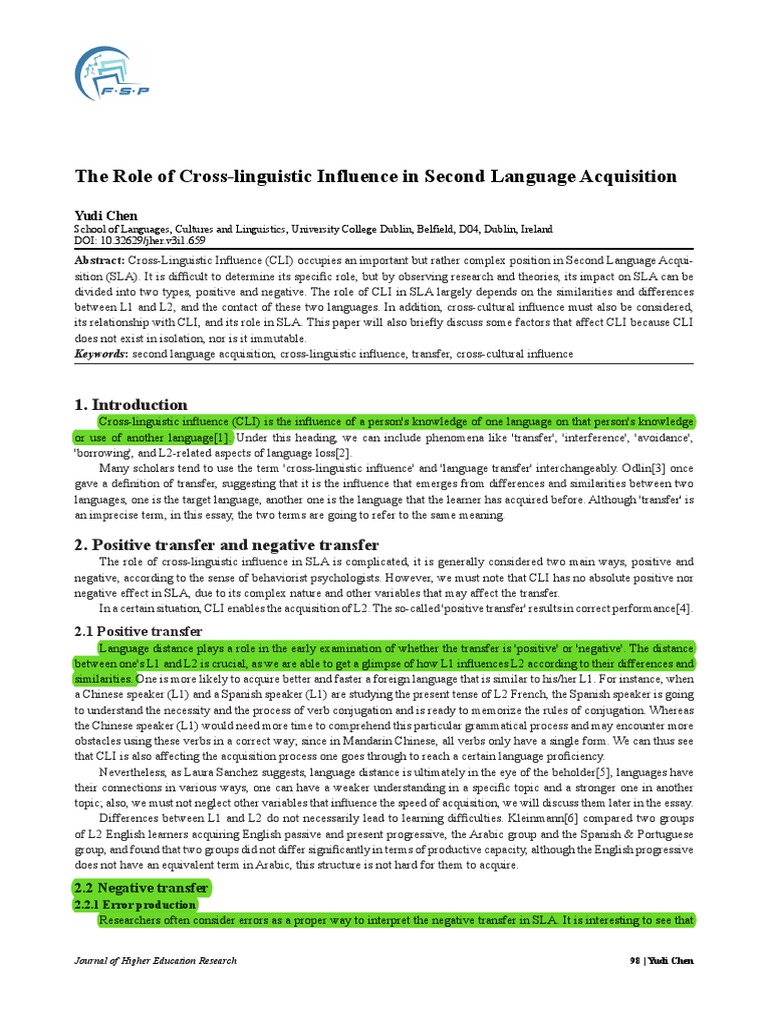 Cross-Linguistic Influence in SLA | PDF | Second Language Acquisition ...