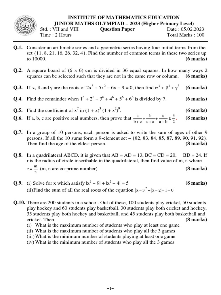 Junior Maths Olympiad 2023 Paper | PDF | Triangle | Circle
