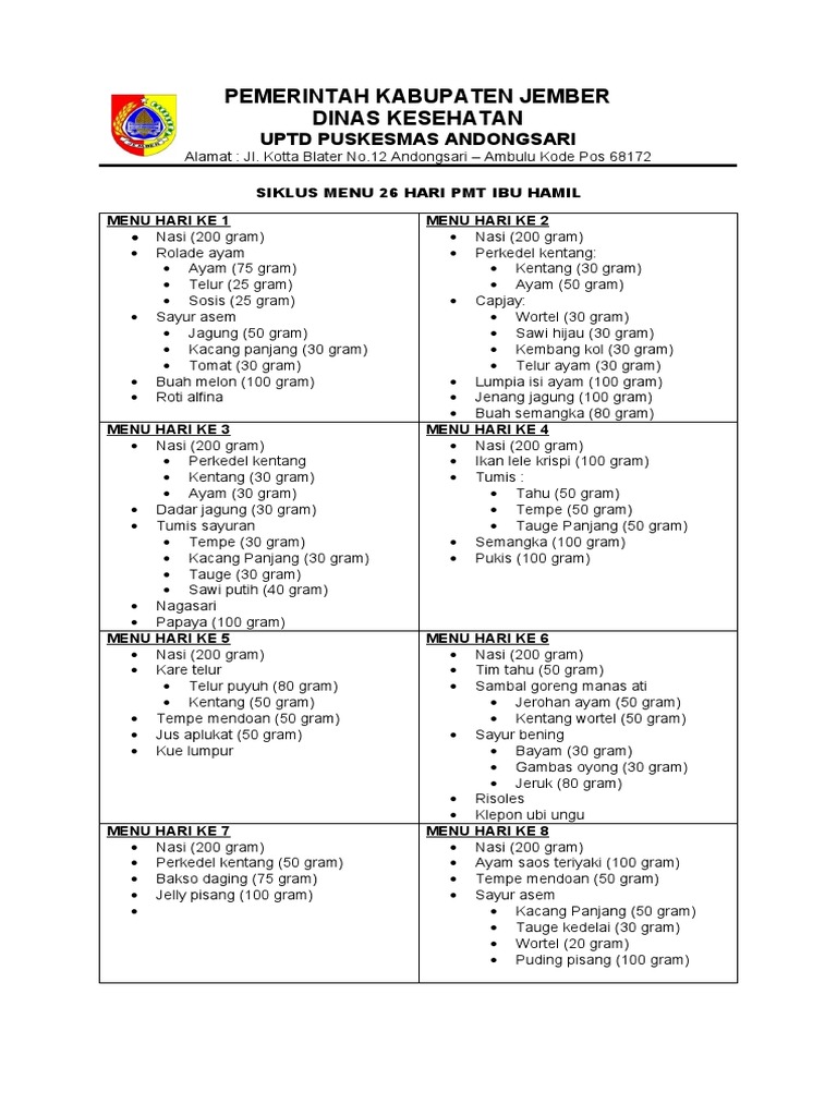 Siklus Menu 26 Hari PMT Ibu Hamil | PDF