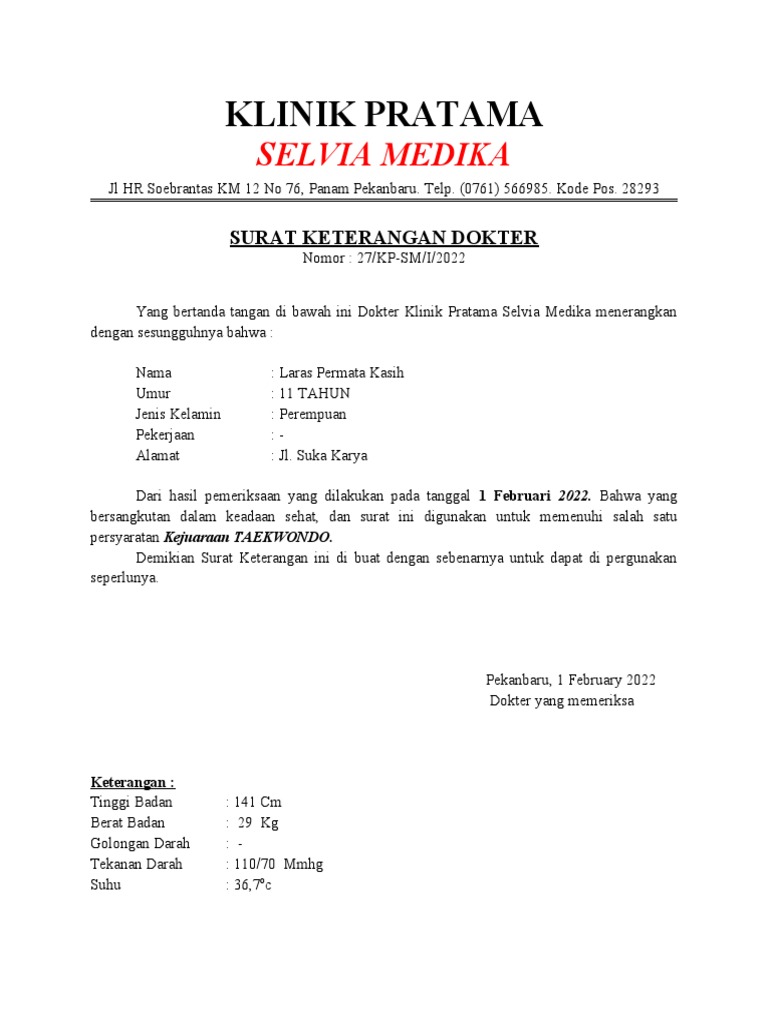 Contoh SURAT KETERANGAN SEHAT | PDF