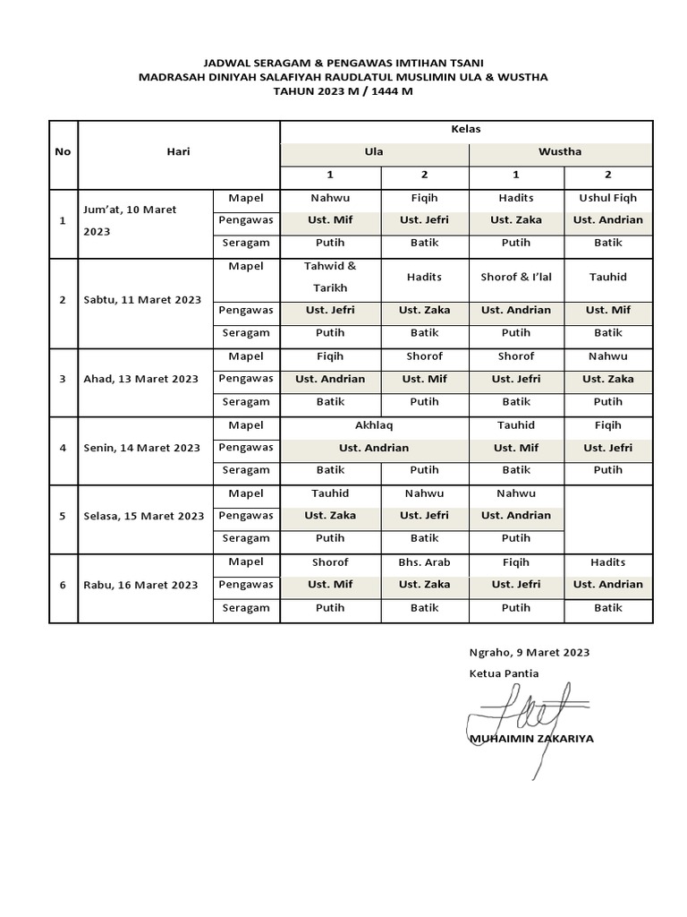 JADWAL SERAGAM & PENGAWAS | PDF