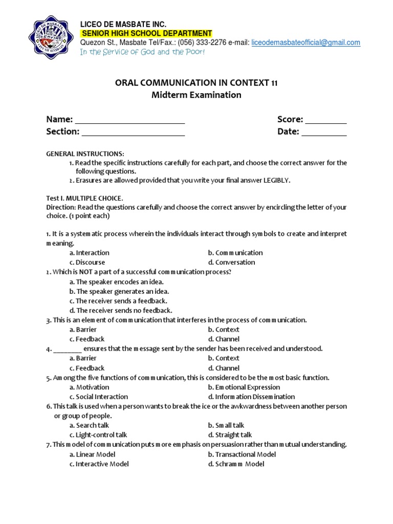 Oral Communication Midterm Exam Guide | PDF | Communication | Cognitive Science