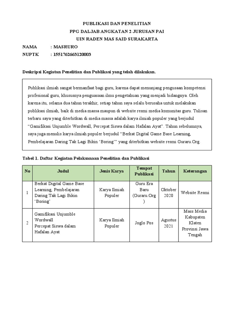 Tabel 1. Daftar Kegiatan Pelaksanaan Penelitian | PDF
