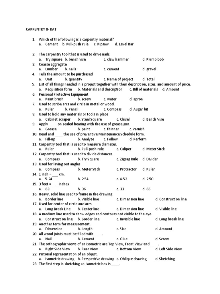 Carpentry Tools, Materials, Drawings and Safety Review | PDF | Tools