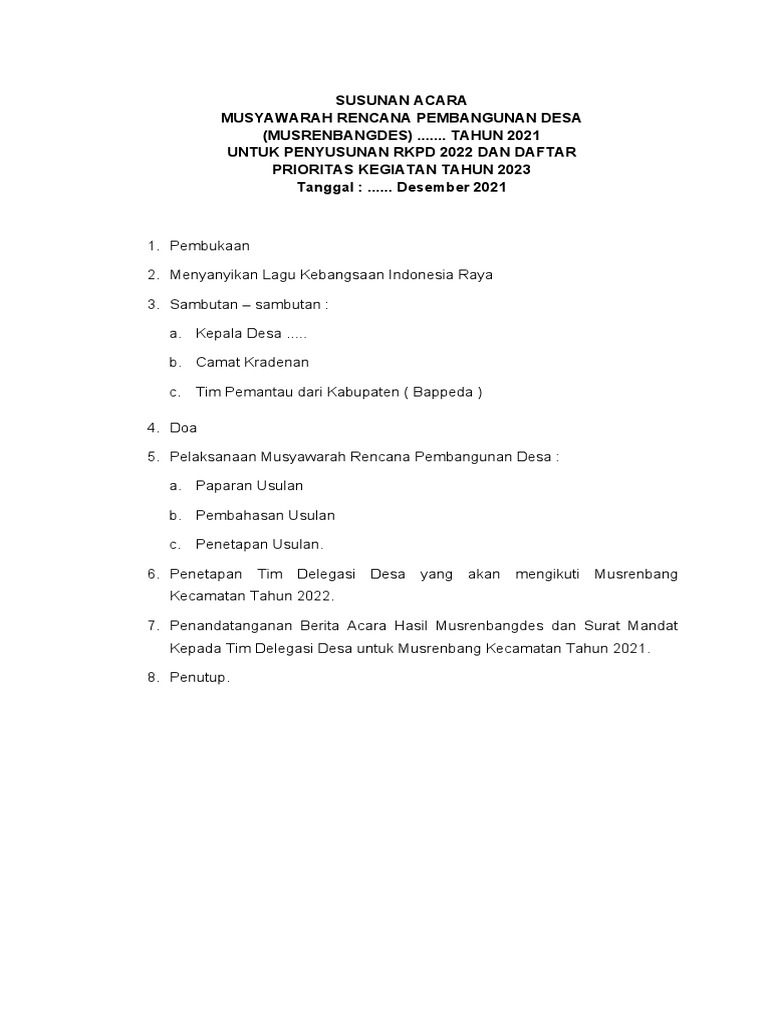 Susunan Acara Musrenbang Desa 2021 | PDF
