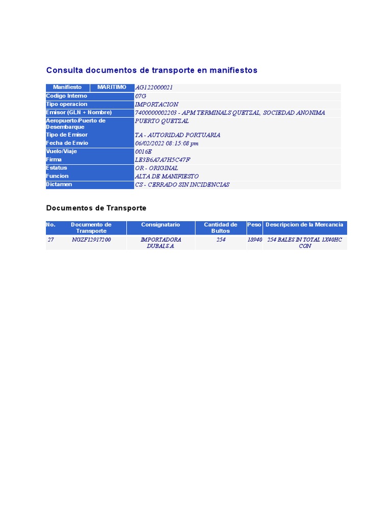 Consulta de Manifiestos Marítimos | PDF