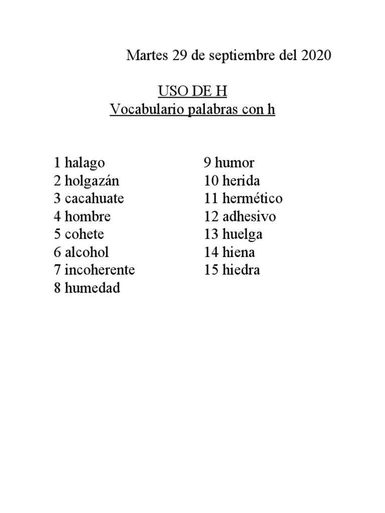 Vocabulario Palabras Con H | PDF