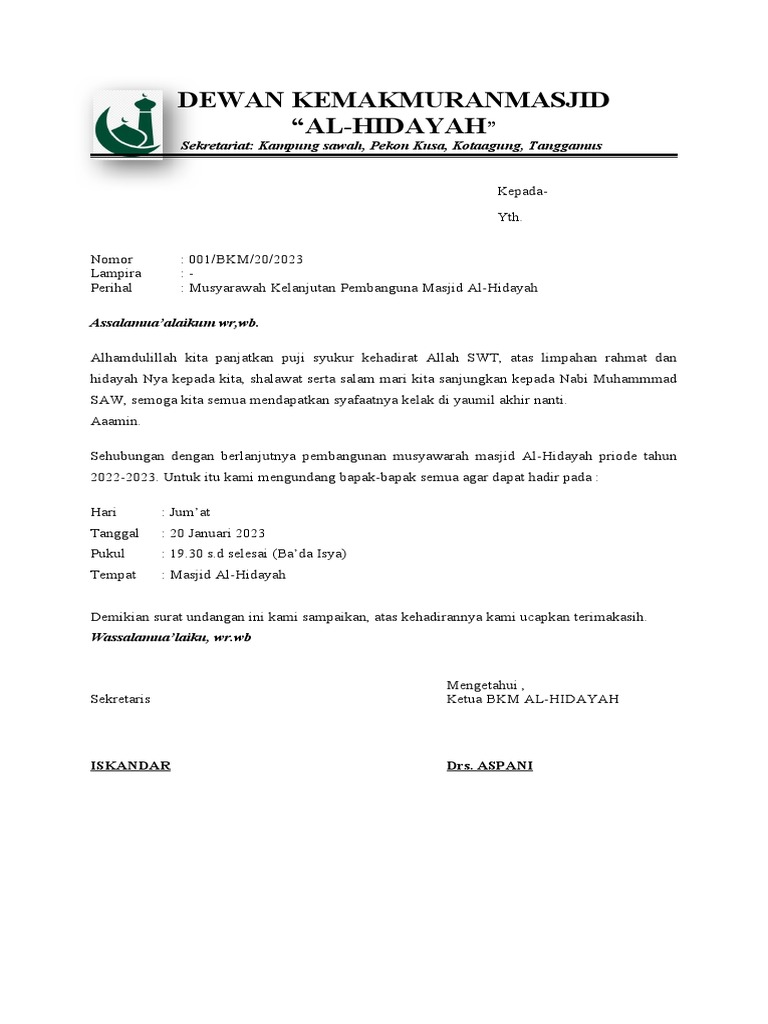 Undangan - PANITIA - PEMBANGUNAN - MASJID 2023 | PDF