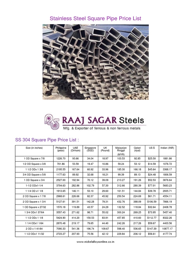 Stainless Steel Square Pipe Price List | PDF | Pipe (Fluid Conveyance ...