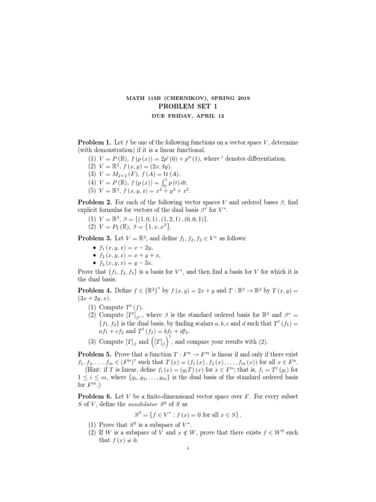 Math 115B (Chernikov), Spring 2019 | PDF | Basis (Linear Algebra) | Linear Subspace