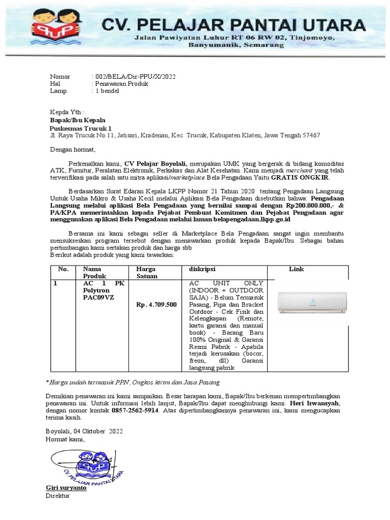 Contoh Proposal Penawaran CV PPU | PDF
