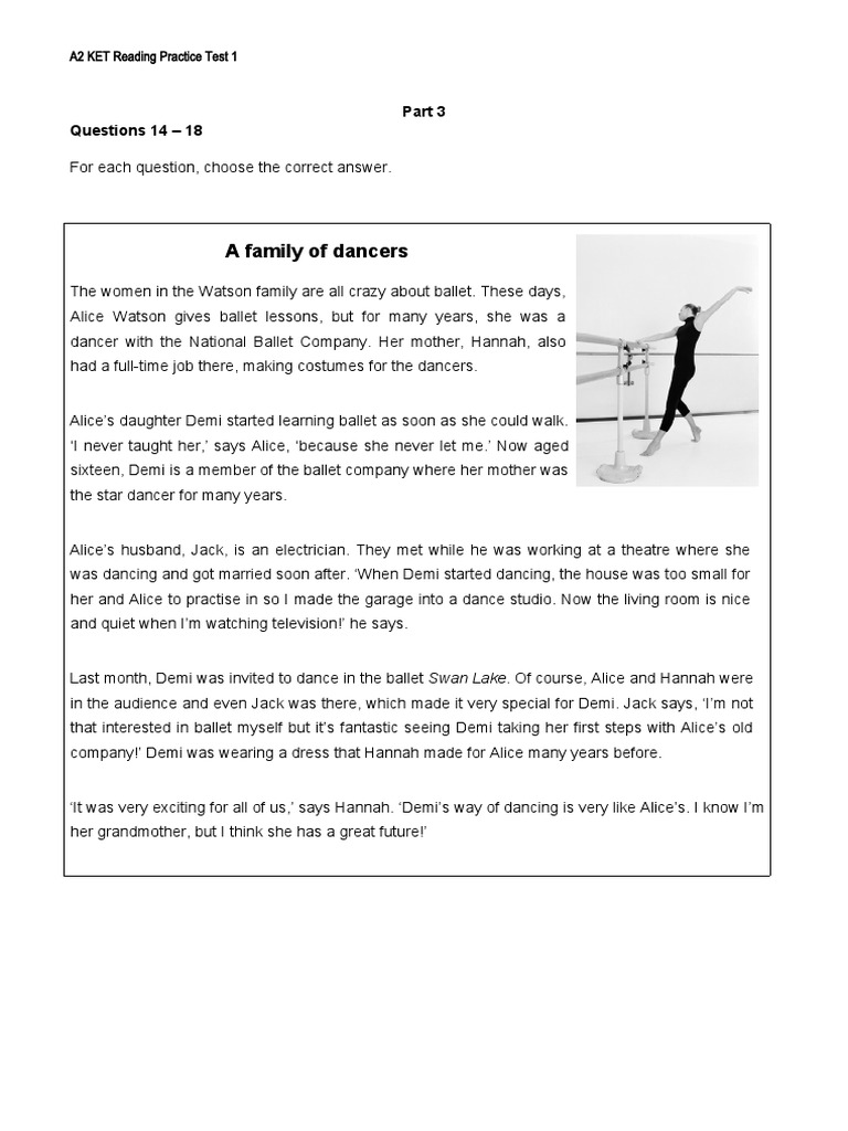 A2 KET Reading Practice: Dance Family | PDF | Ballet | Dances