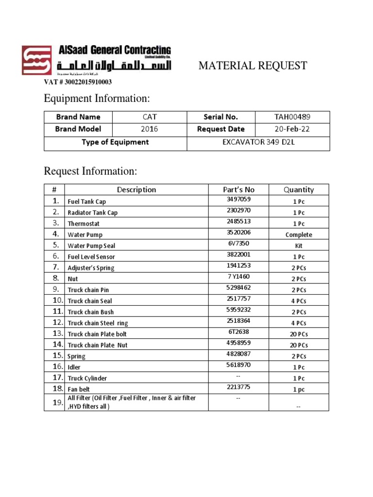MATERIAL REQUEST (CAT 349 Excavator) | PDF