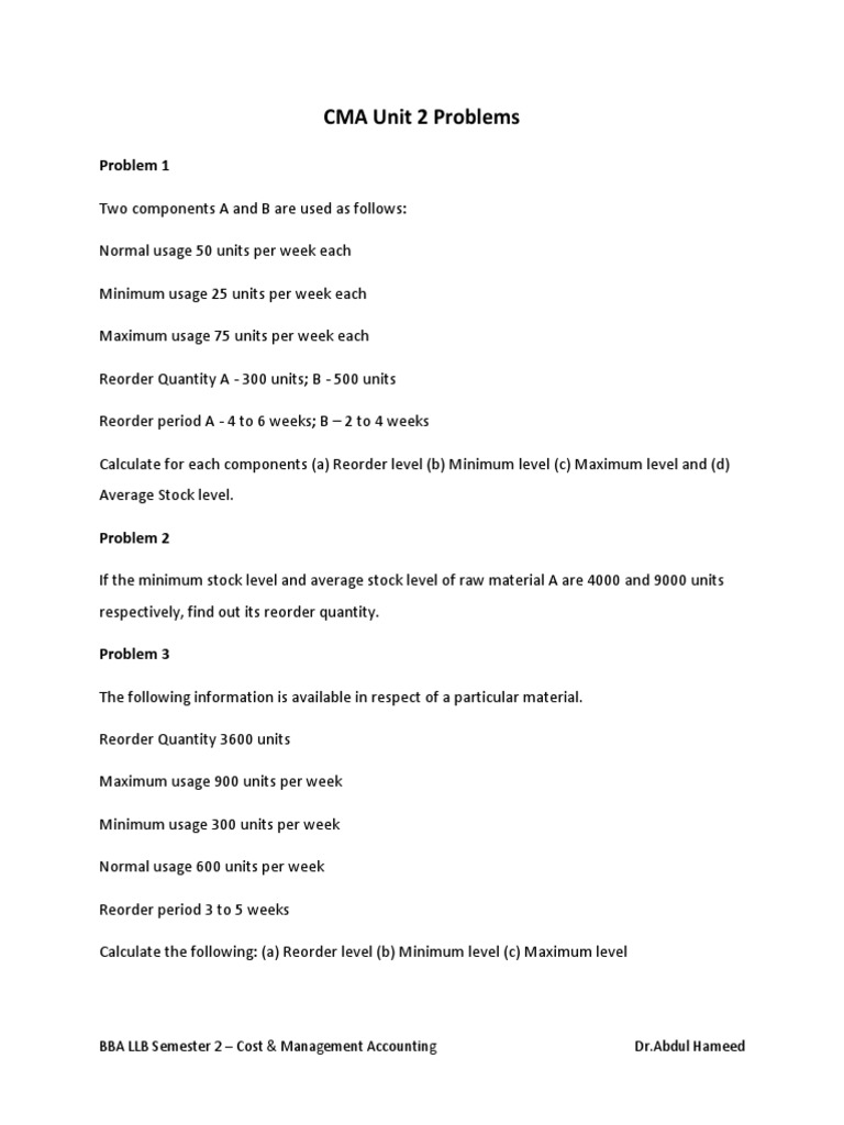 CMA Unit 2 Problems | PDF | Management Accounting | Economies