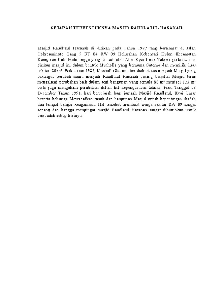 Sejarah Terbentuknya Masjid Raudlatul Hasanah | PDF