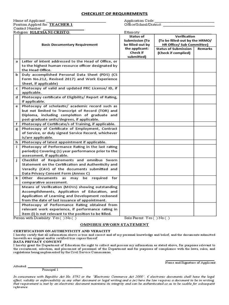 A Checklist for Teacher Applicants: Ensuring a Thorough and Compliant Application | PDF ...