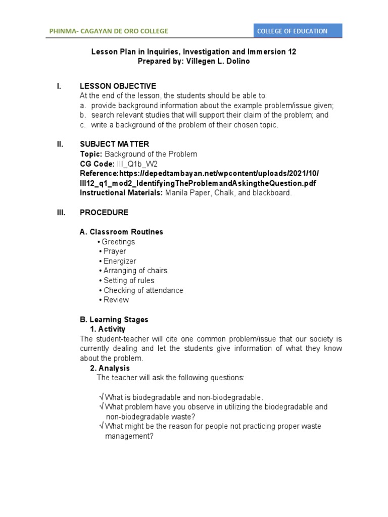 Lesson Plan in Inquiries | PDF