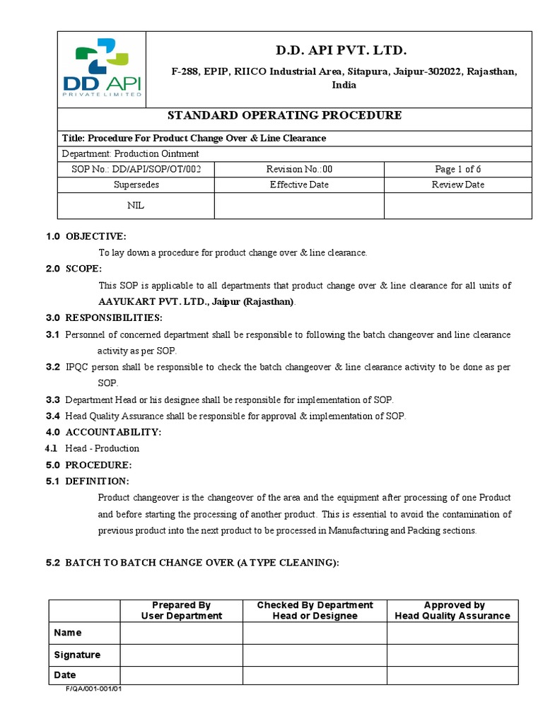 SOP For Change Over | PDF | Quality Assurance | Business Process