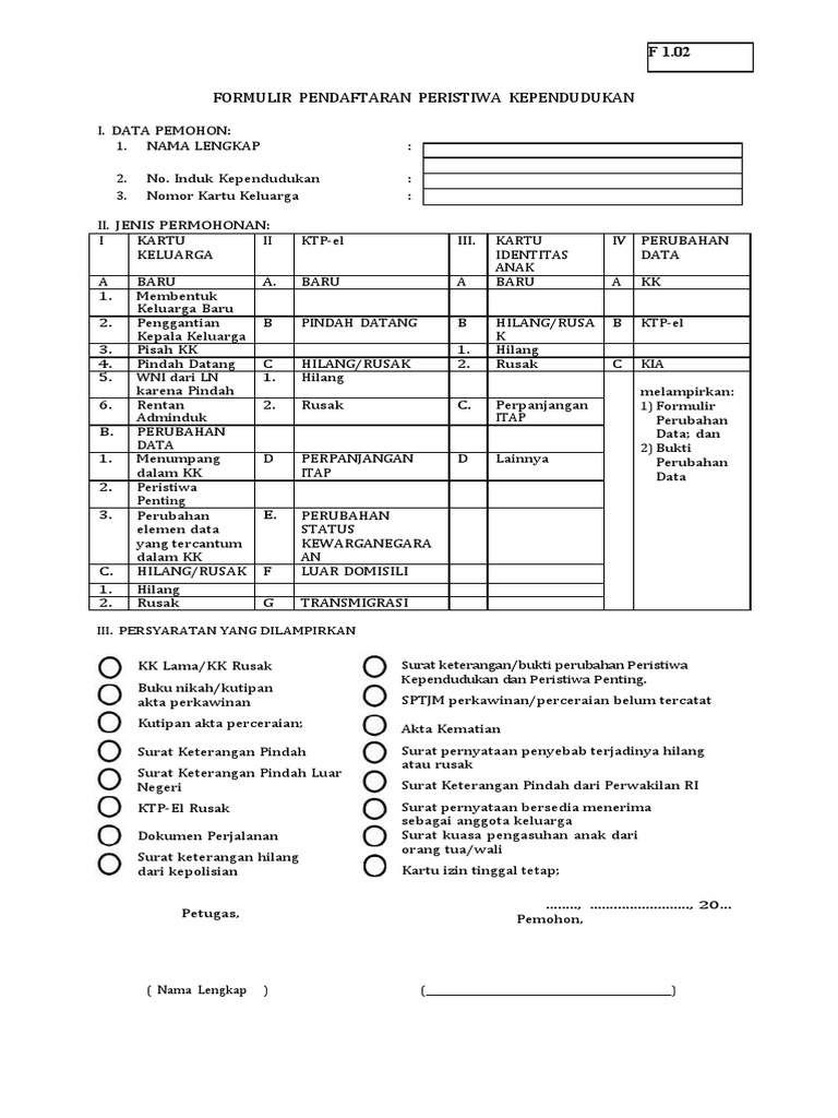 F 1 02 Formulir Pendaftaran Peristiwa Kependudukan | PDF