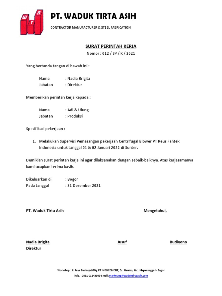 Surat Perintah Kerja PT Waduk Tirta Asih | PDF | Seni | Teknologi ...