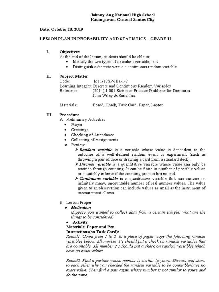 M11 12SP IIIa 1 2 | PDF | Random Variable | Probability Distribution