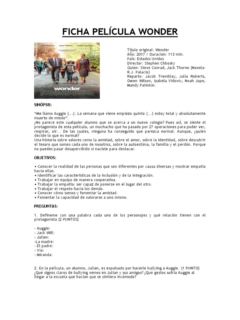 Ficha Didáctica de la Película Wonder | PDF | Relaciones personales ...