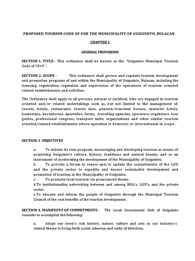 TOURISM CODE of GUIGUINTO AS OF NOV. 2020 | PDF | Tourism | Corporations