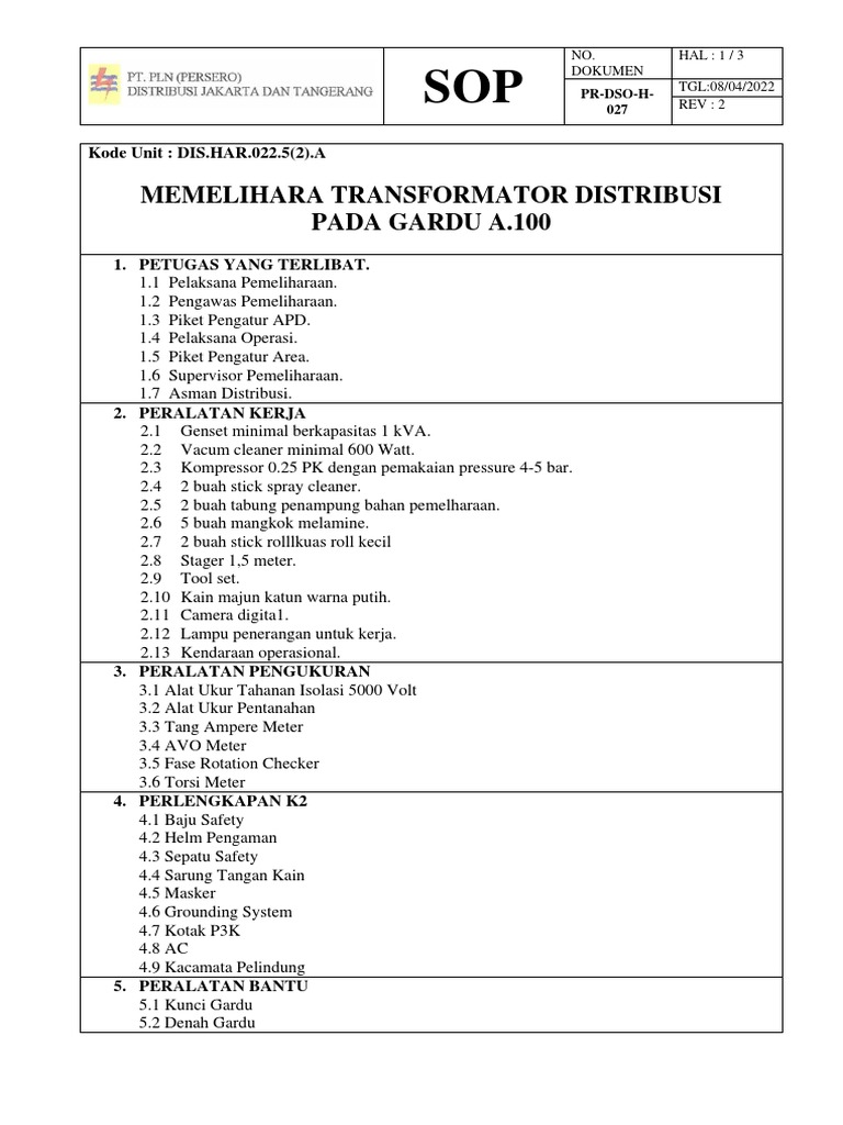 Memelihara Transformator Distribusi Pada Gardu A.100: Kode Unit: DIS - HAR.022.5 (2) .A | PDF