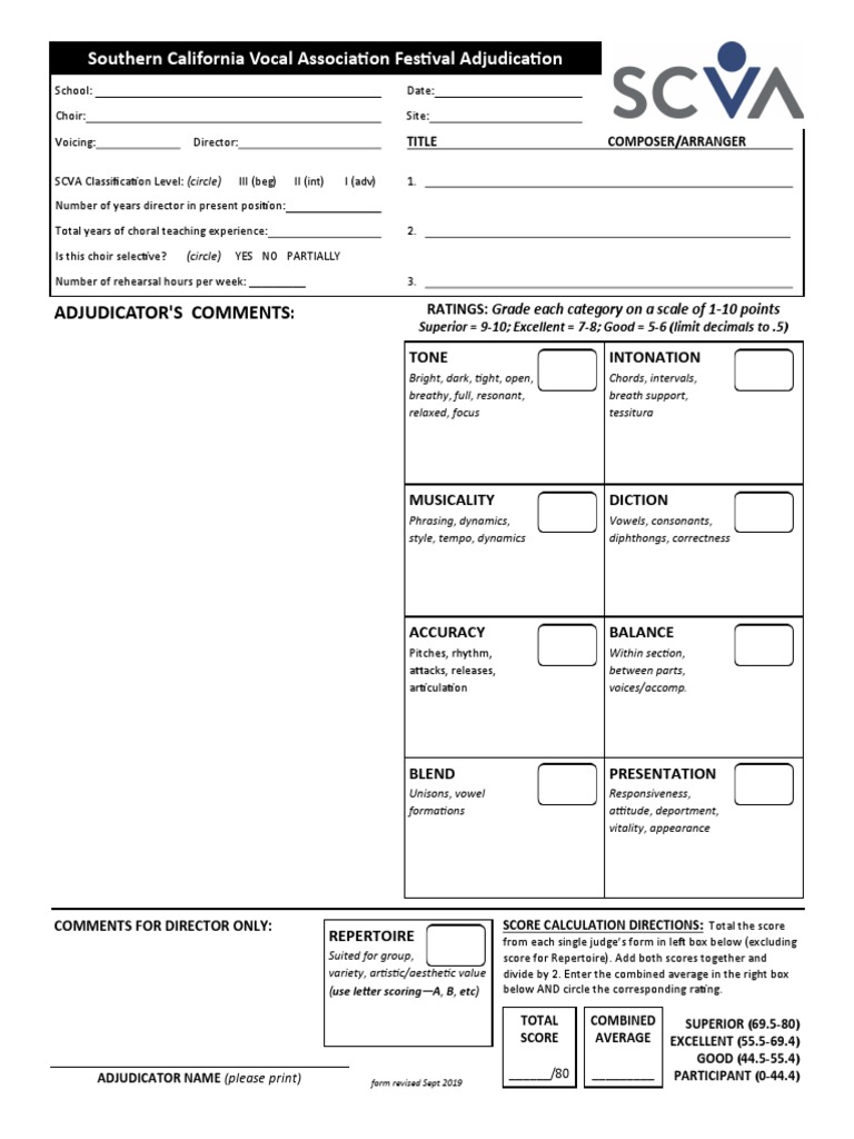 SCVA Choir Adjudication Form | PDF | Choir | Vowel