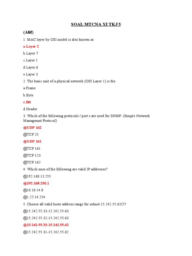 Soal Mtcna Xi TKJ 5 | PDF | Ip Address | Router (Computing)