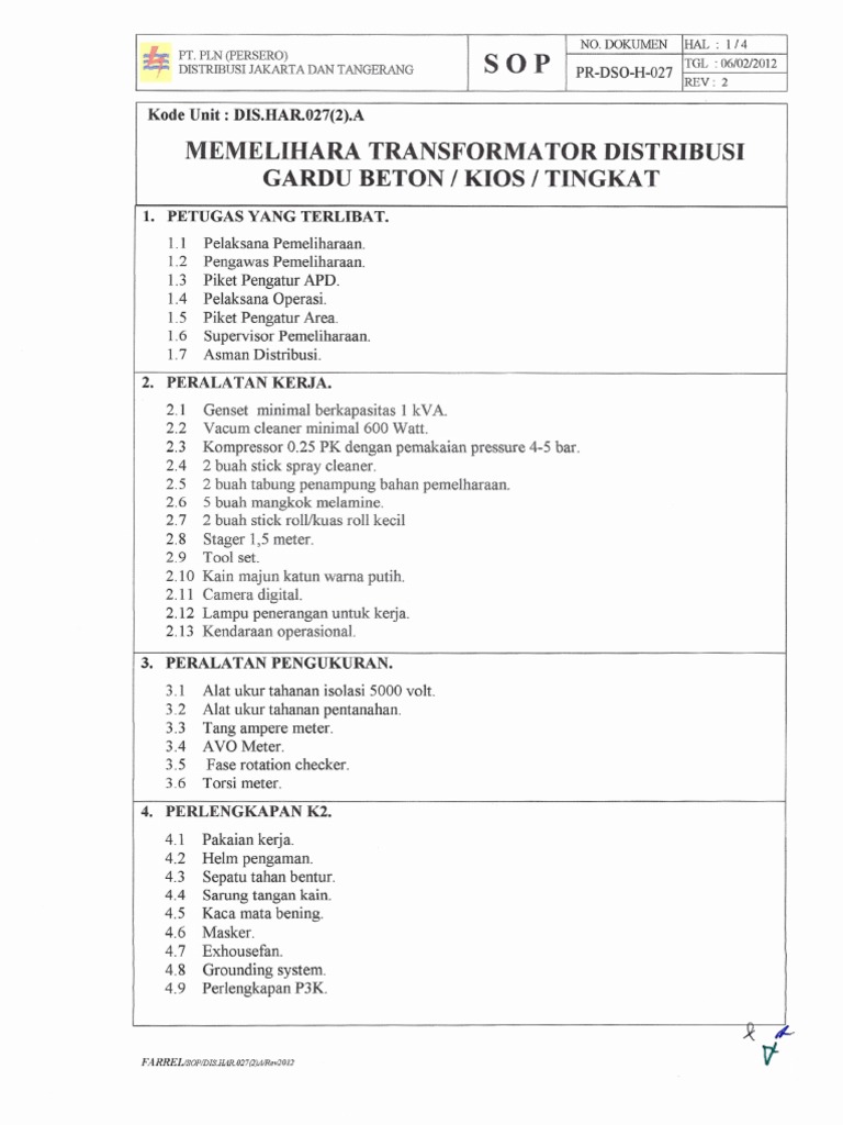 SOP Memelihara Transformator Distribusi Gardu BetonKiosTingkat PDF | PDF | Teknologi & Rekayasa