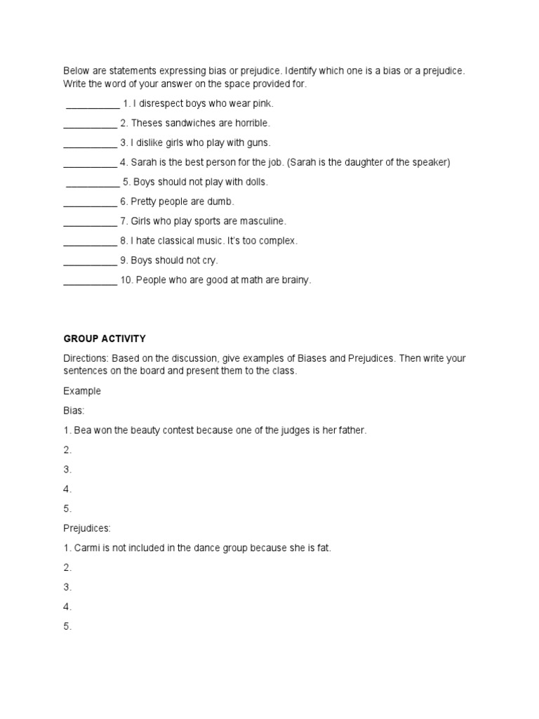 Bias-Prejudices-Eng.9 Activity | PDF