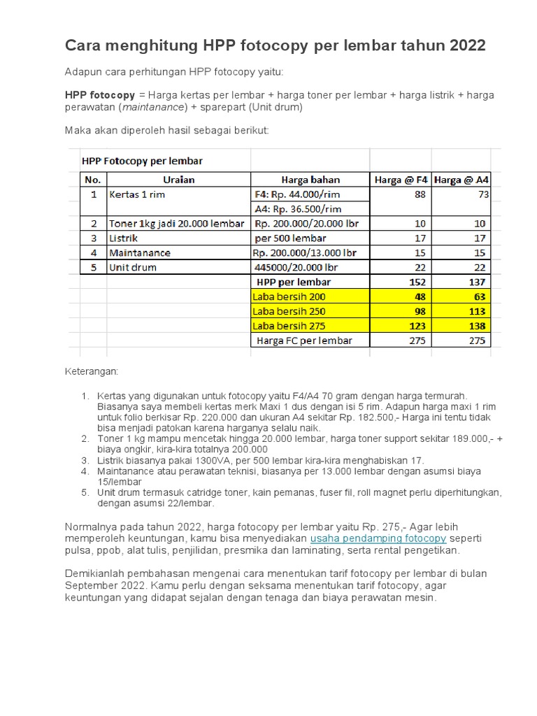 Cara Menghitung HPP Fotocopy Per Lembar Tahun 2022 | PDF