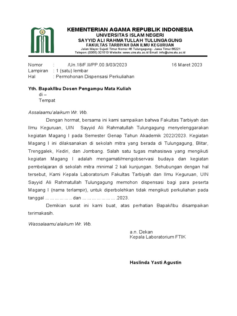 Surat Permohonan Dispensasi | PDF