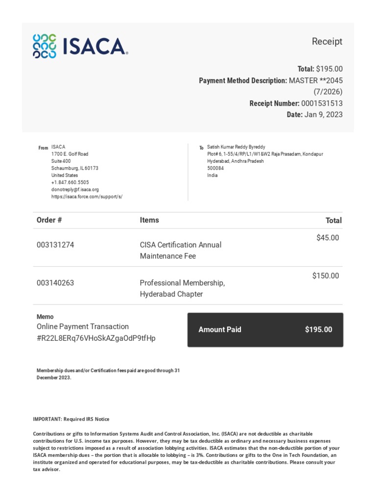 ISACA 2023 Invoice PDF | PDF | Receipt | Tax Deduction