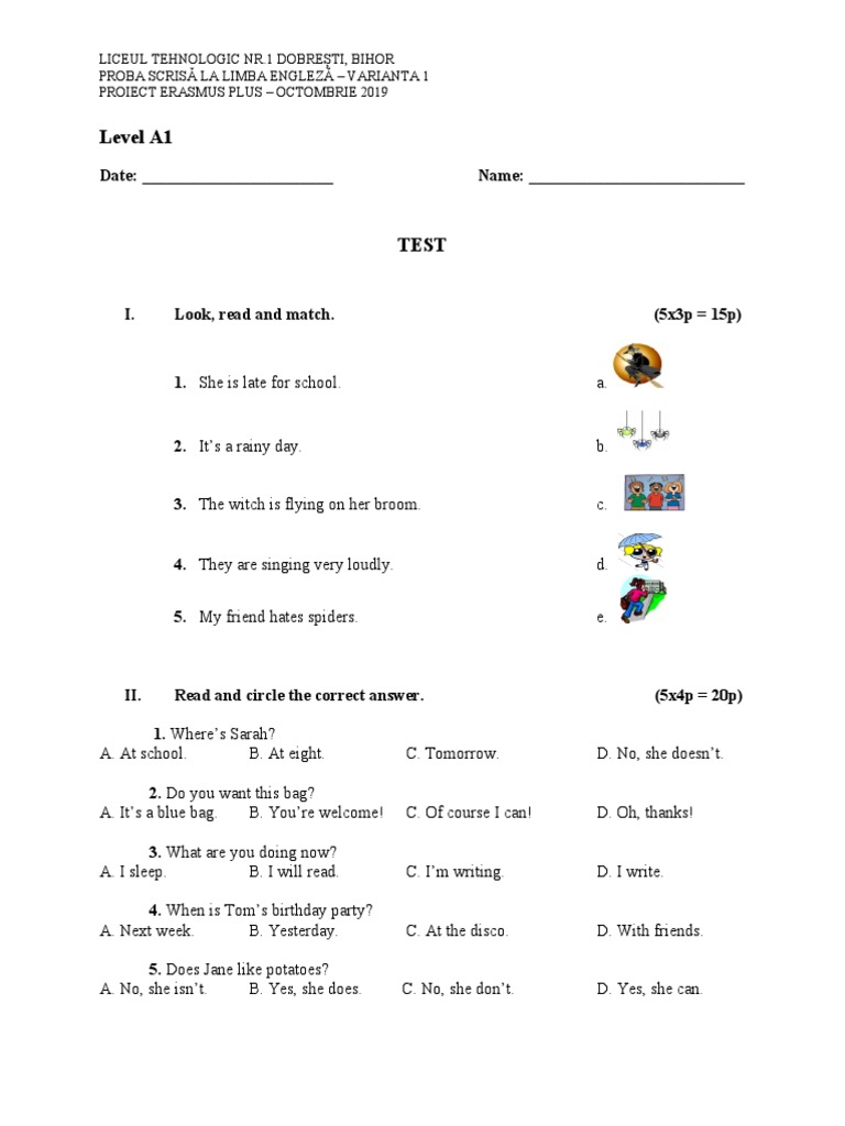 Erasmus Test 1 Level A1 | PDF