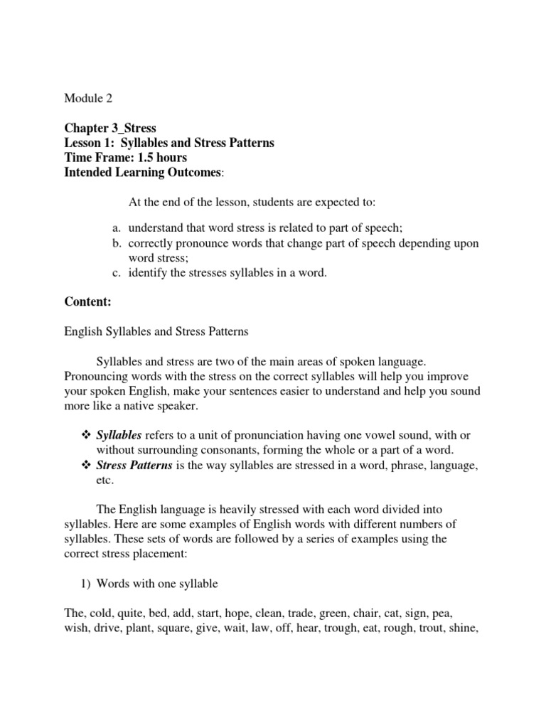 Chapter 3 - Stress Lesson 1: Syllables and Stress Patterns Time Frame ...