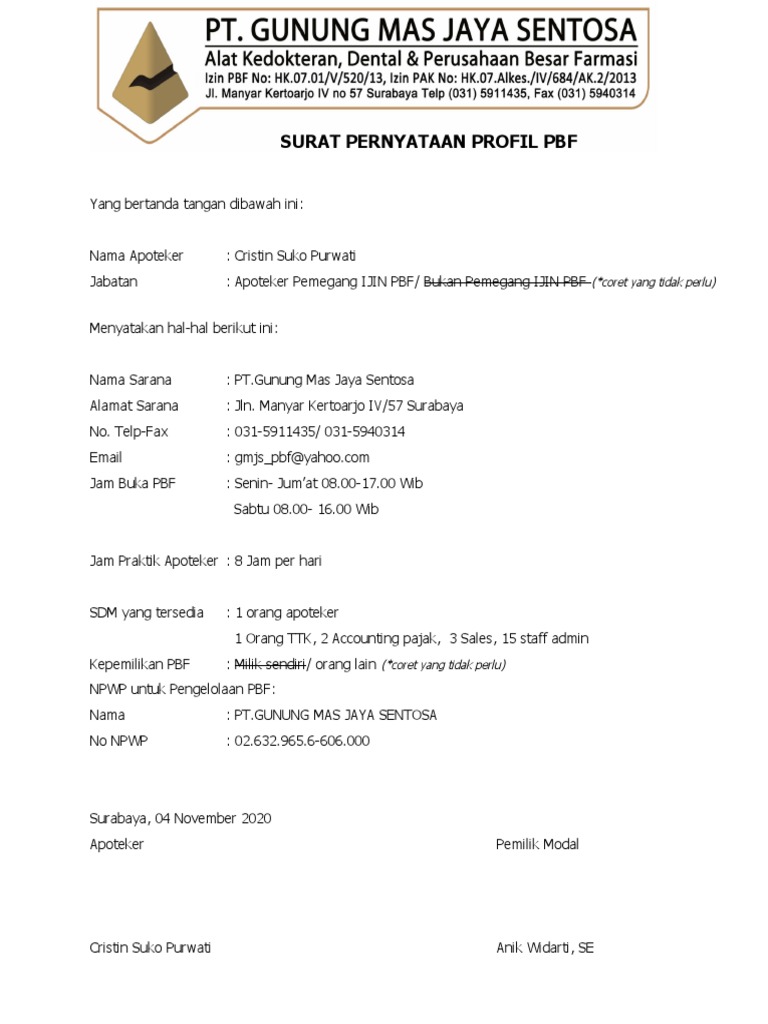 Format Surat Pernyataan Profil Apotek | PDF | Karier & Perkembangan