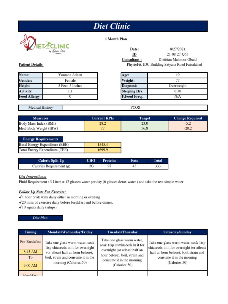 Q53-Diet Plan-Youmna Adnan-08-27-21 | PDF | Dieting | Weight Loss