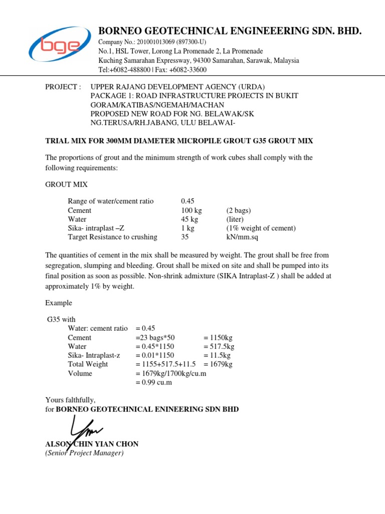 Trial Mix Design for 300mm Diameter Micropile Grout with Target ...